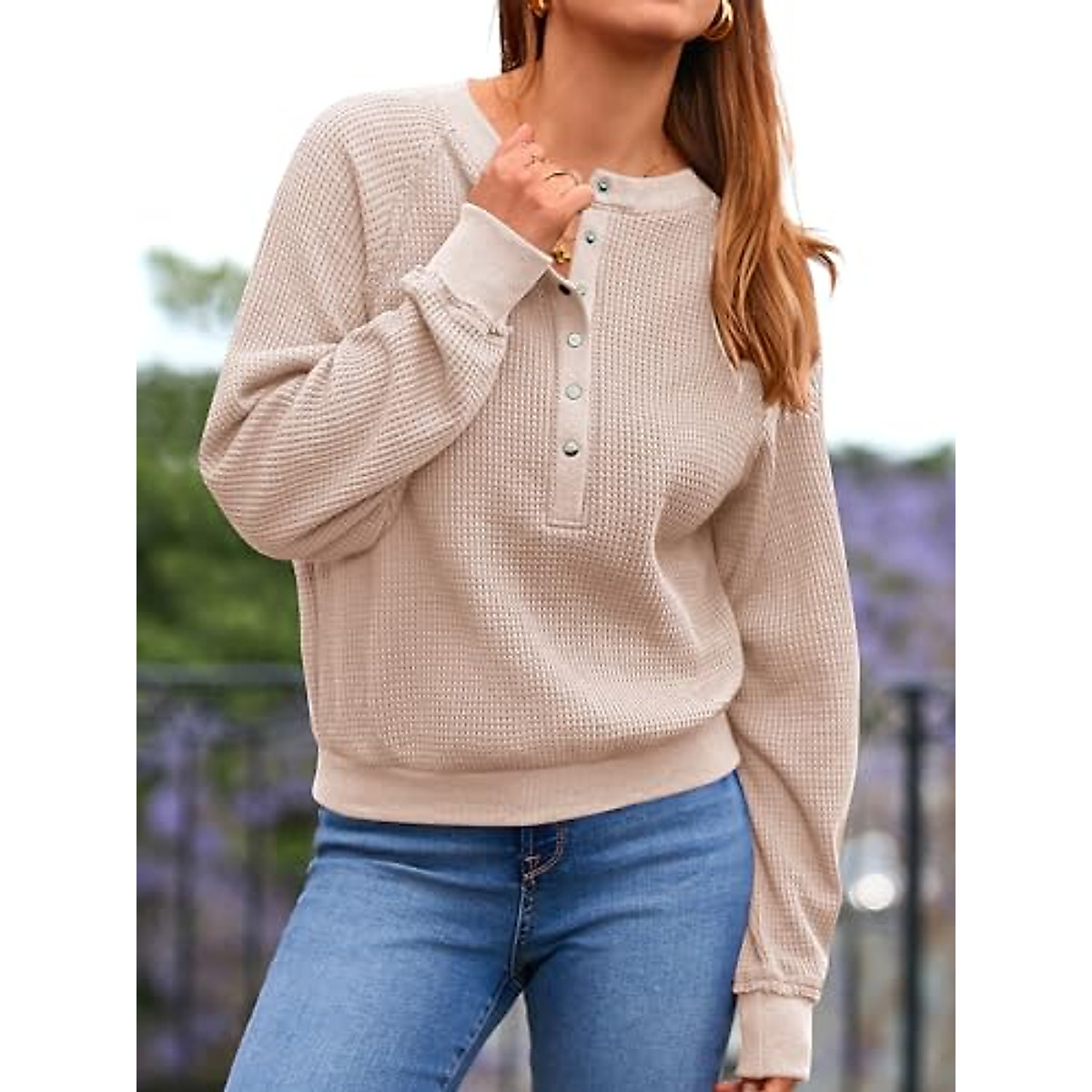 PRETTYGARDEN Womens 2023 Batwing Long Sleeve v Neck Sweater Drop Shoulder Button Waffle Knit Pullover Winter Slouchy Henley Tops (Beige, Medium)