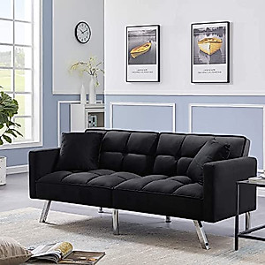 Olela Sleeper Sofa Bed Modern Tuft Futon Couch Convertible Loveseat Sleeper Reclining Sofa Bed Twin Size with Arms and 2 Pillows for Living Room, Black