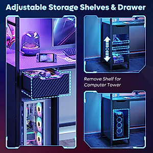 Bestier Gaming Computer Desk with Drawer, 48 inch LED Gaming Desk with Shelves, Adjustable Storage Shelves, and Headphone Hook for Bedroom and Small Spaces, Carbon Fiber Black