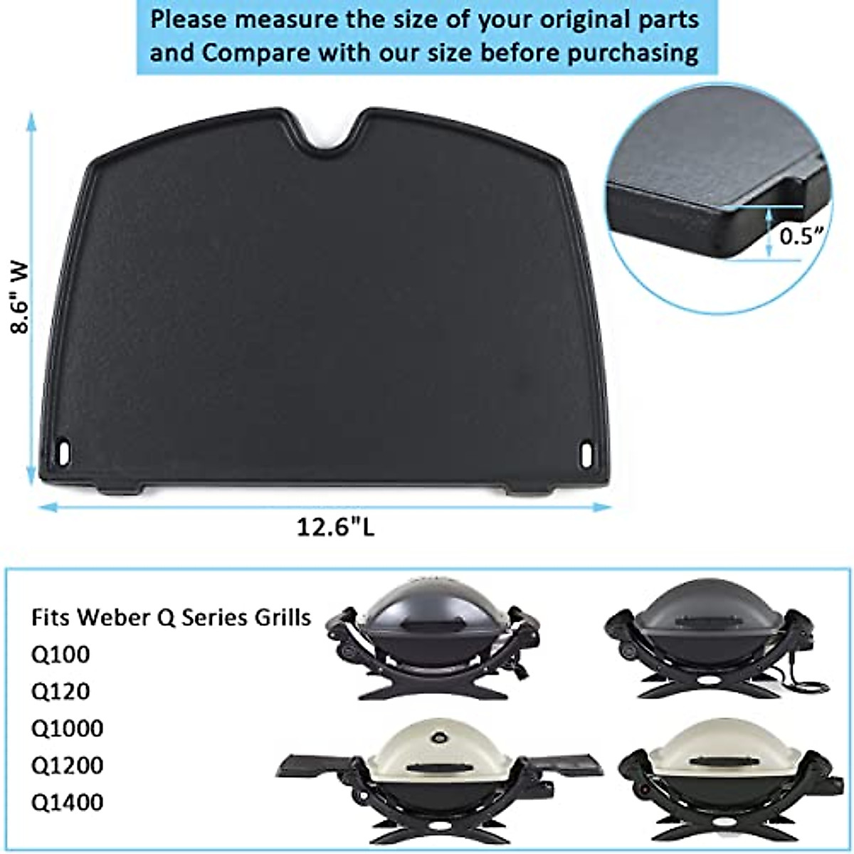 6558 Cast Iron Griddle for Weber Q100 Q120 Q140 Q1000 Q1200 Q1400 Series Gas Grills, 12.6 x 8.6 inch Cooking Plate for weber q1200 liquid propane grill Replacement Parts