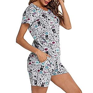 ENJOYNIGHT Women's Cute Sleepwear Print Tee and Shorts Pajama Set (Large, Grey Dog)