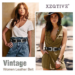 XZQTIVE Women Leather Belt Ladies Vintage Western Belt Retro Cowgirl Leather Belt Black Waist Belt for Pants Jeans Dresses