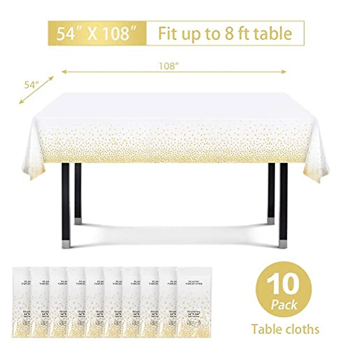 Virgooer 10 Pack Plastic Tablecloths, 54'' X 108'' White Disposable Table Cloths Waterproof Rectangular Table Covers for Parties, Graduation, Wedding, Thanksgiving, Halloween, Christmas, Birthday