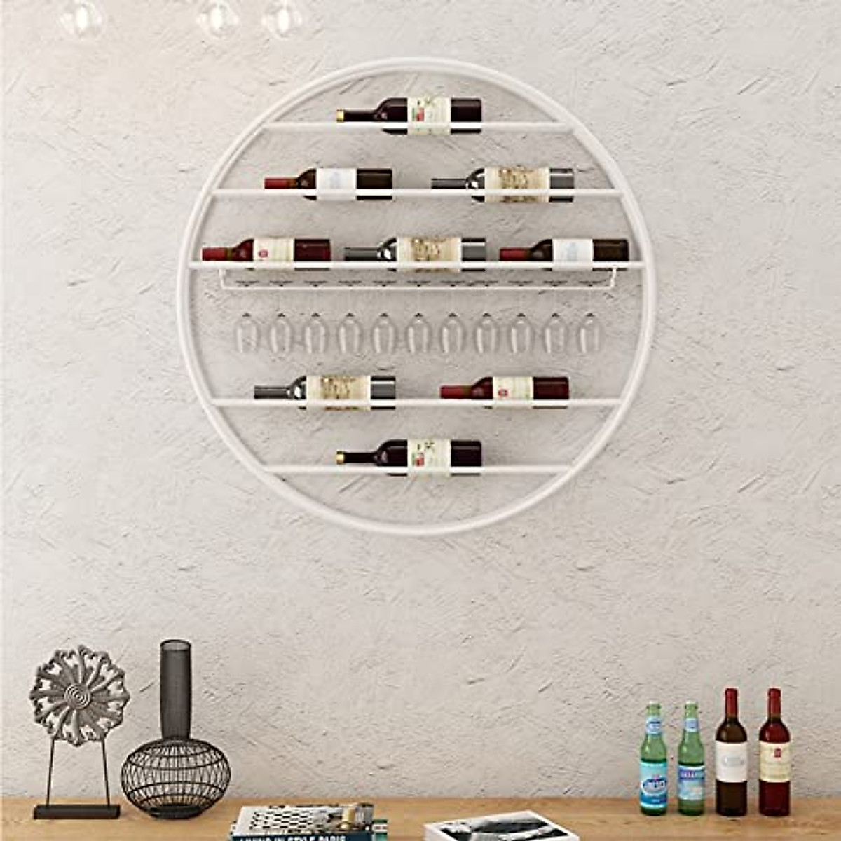 White Wine Rack Wall-Mounted Round Wine Bottle Holder，Metal Iron Hanging Goblet Glass Stemware Storage Shelf Display Shelves for Bar Kitchen Restaurant (Size : 85x10x85cm)
