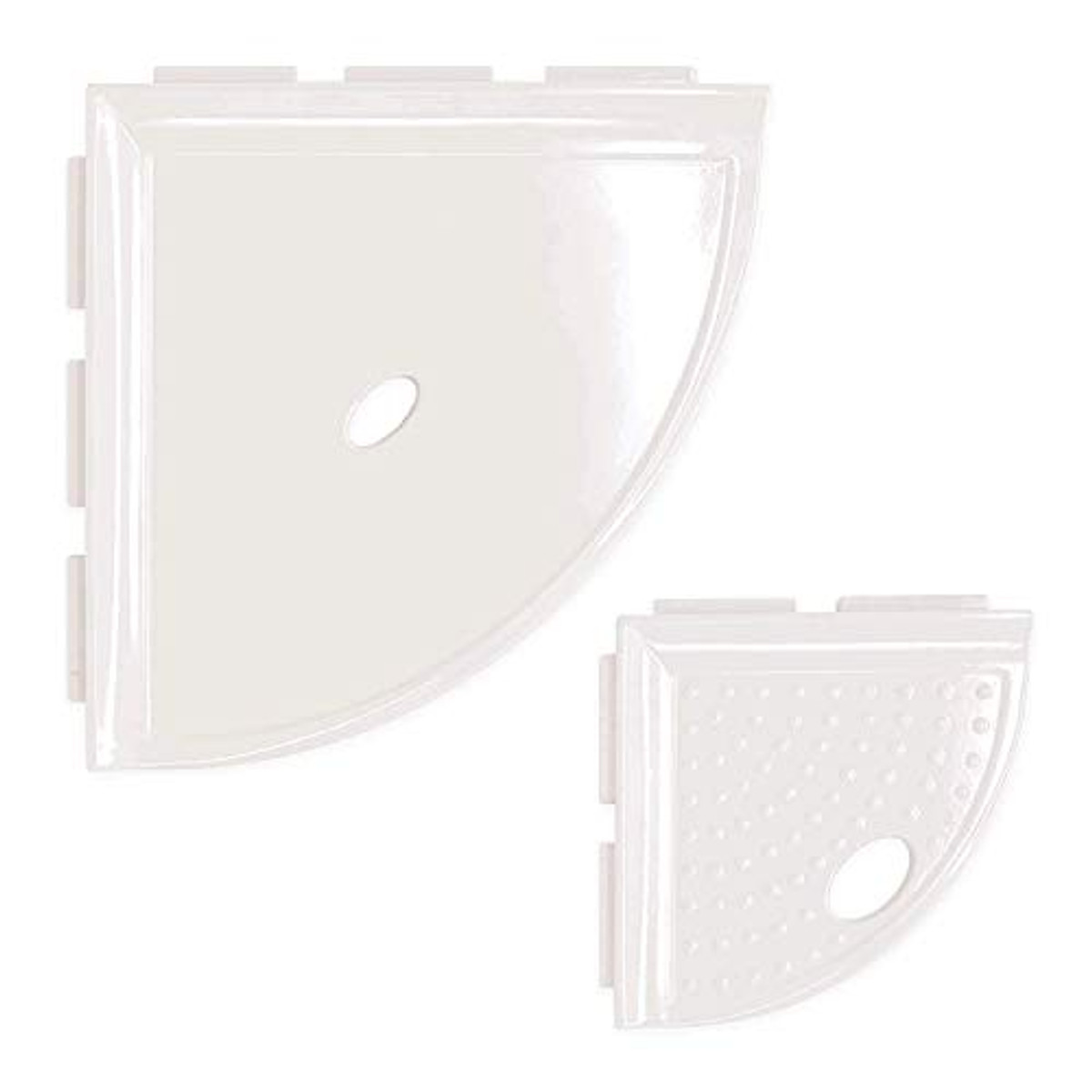 Questech Décor 8 Inch Corner Shower Shelf and 5 Inch Shower Caddy Foot Rest, Metro Lugged Back for New Construction, Mounted Bathroom Shower Organizer, White Polished