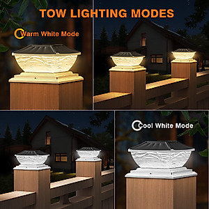 SOLLUCIS Solar Post Cap Lights, Large 8 LEDs 2 Modes Fence Post Solar Lights Outdoor Waterproof for 4x4 5x5 6x6 Vinyl Wooden Deck Fence Posts Patio Garden Decor, Warm/Cool White (6 Pack, White)