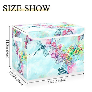 WELLDAY Flower Dragonfly Storage Baskets Foldable Cube Storage Bin with Lids and Handle, 16.5x12.6x11.8 In Storage Boxes for Toys, Shelves, Closet, Bedroom, Nursery