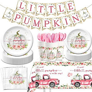 Yuzioey 177pcs Pumpkin Baby Shower Decorations, A Little Pumpkin is On The Way, Fall Pink Pumpkin Disposable Dinnerware (Serve 25 Guests)with Paper Plates Cups Napkins, Banner Tablecloth
