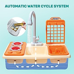 CUTE STONE Pretend Play Kitchen Sink Toys with Play Cooking Stove, Pot and Pan with Spray Realistic Light and Sound, Dish Rack & Play Cutting Food, Utensils Tableware Accessories for Kids Toddlers