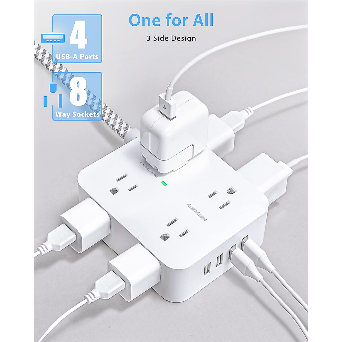 Surge Protector Power Strip - 8 Widely Outlets with 4 USB Charging Ports, Multi Plug Outlet Extender with 5Ft Braided Extension Cord, Flat Plug Wall Mount Desk USB Charging Station for Home Office ETL