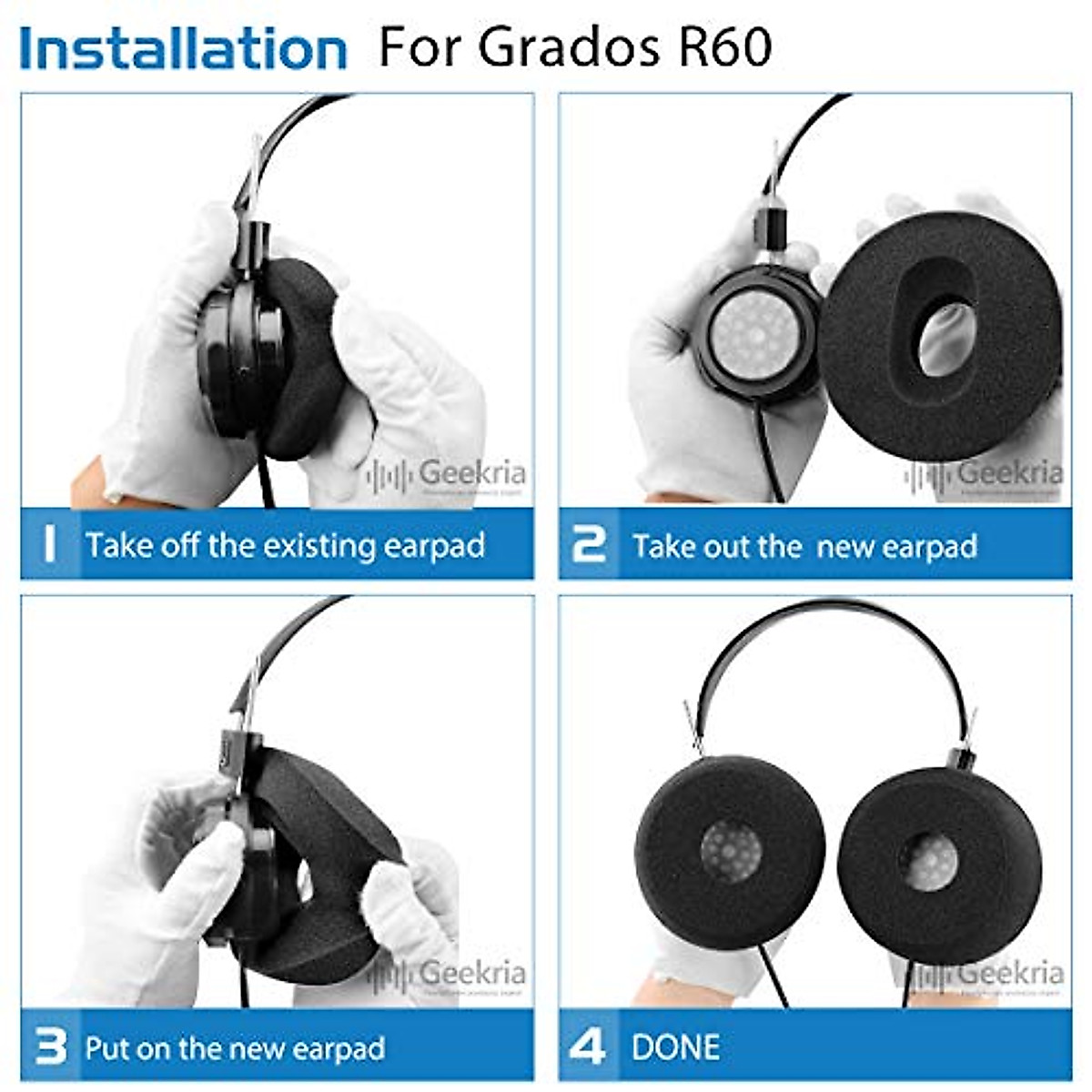 Geekria Comfort Foam Replacement Ear Pads for GRADO PS1000, GS1000i, RS1i, RS2i, SR325IS, GW100x Headphones Ear Cushions, Headset Earpads, Ear Cups Repair Parts (Black)