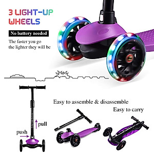 Hishine Kick Scooter for Kids with 3 Light up Wheels and Adjustable Height for 2-7 Years Old Ages Girls Boys Toddlers & Children,Lean to Steer, 3-Wheeled Scooters (12-PURPLE1)