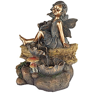 Bronze Garden Fairy Fountain with Light LED Indoor Outdoor Water Feature 24" High Cascading Resin Sculpture for Garden Patio Yard Deck Home Lawn Porch House Relaxation Exterior - John Timberland