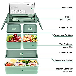 NatraProw Stackable Bento Box Kit, 47.35OZ Bento Box Adult Lunch Box, 3 Compartments Bento Lunch Box with Lunch Bag and Utensils, Meal Prep Containers for Adults, BPA Free Microwave Bento Box (Green)