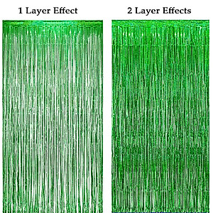 Slmeno 4 Pack Green Foil Fringe Curtain Glitter Backdrop, 12.8x8.2 Feet, Tinsel Curtain Backdrop for Party Decorations, Green Streamer Backdrop Curtain, Christma Hawaiian Birthday Football Backdrop