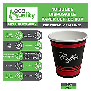 EcoQuality 10oz Classic Durable Disposable Paper Coffee Hot Cups For Hot/Cold Drink, Coffee, Tea, Cocoa, Travel, Office, Home, Cider, Hot Chocolate, To go (10 ounce - 50 Count Cups) (50)