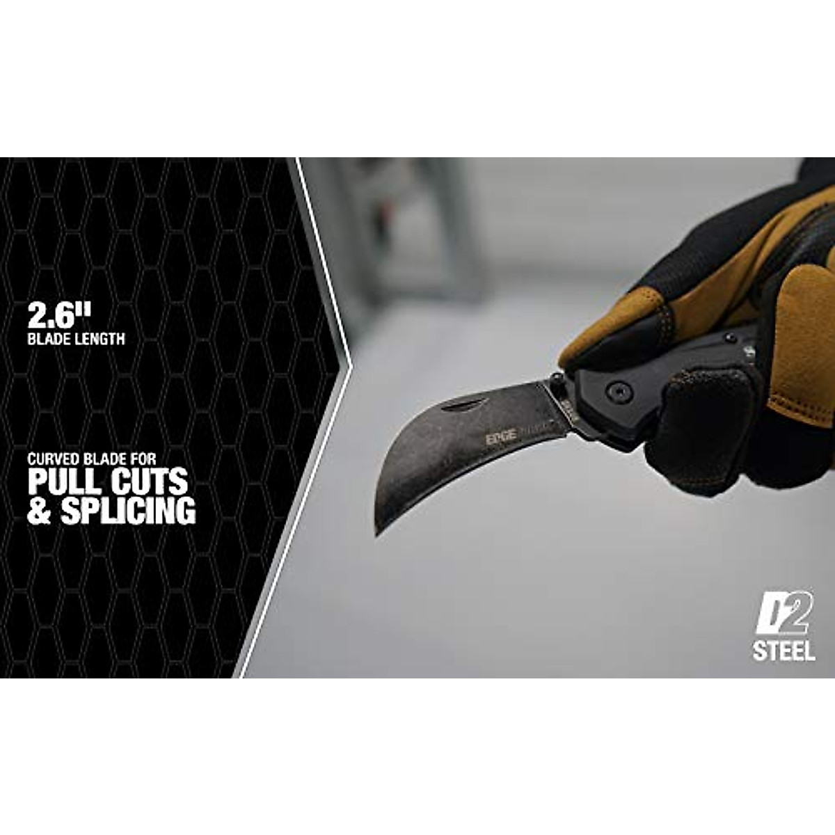 Southwire HBKND2 Edgeforce Hawk Bill Pocket Knife; 2.6" blade; D2 Steel; Stonewash Black Oxide Finish For Corrosion Resistance- Curved Blade For Pull Cuts And Splicing