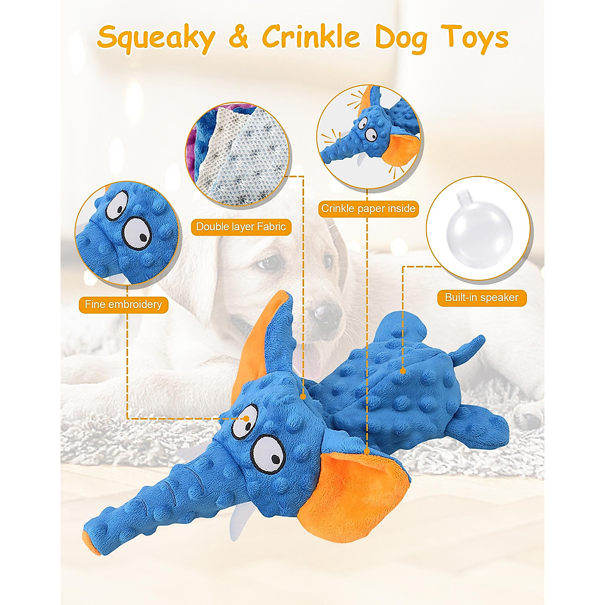 2 Pcs Dog Toys, Squeaky Dog Toys, No Stuffing Plush Dog Toys, Chew Toys with Crinkle for Puppy Teething, Durable Pet Toys for Small Medium Dogs, Elephant Blue + Octopus Dog Toys