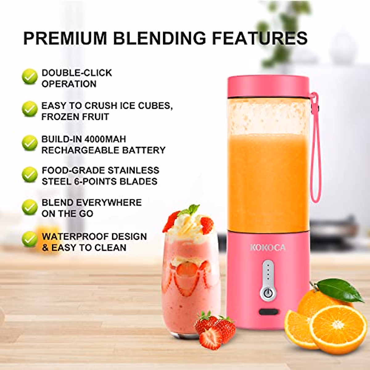 Blend & Jet Portable Blender for Shakes and Smoothies, KOKOCA Personal Travel Blender for Protein with 4000mAh USB Rechargeable Battery, Crush Ice, Frozen Fruit and Drinks, 18 oz Mini Cup