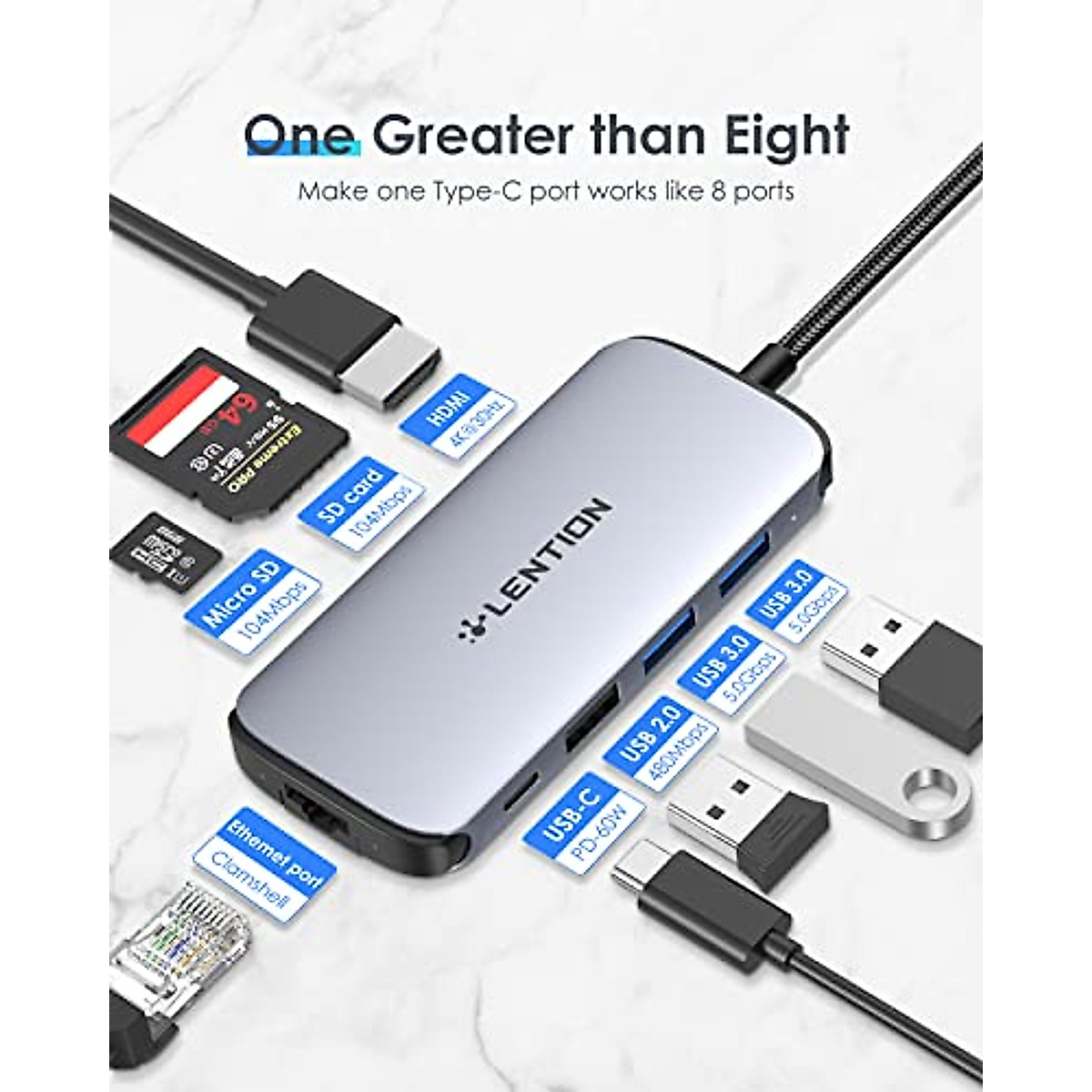 LENTION Ultra-Thin USB C Hub with Ethernet, 4K HDMI, USB 3.0/2.0, Card Readers & PD Adapter for 2023-2016 MacBook Pro 13/14/15/16/M1/M2, New Mac Air & Surface, Chromebook, More (CB-C48, Space Gray)
