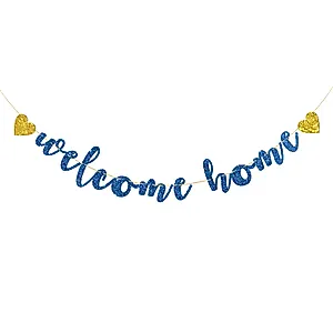 Welcome Home Banner, Glitter Welcome Party, Retirement, New House, Moving Away Party Decoration Supplies Blue Glitter