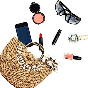 Beach Bag for Women Straw Top-Handle Bags Summer Woven Beach Tote Bag (Brown)