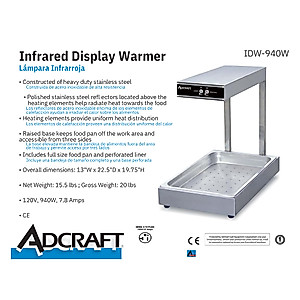 Adcraft IDW-940W Infrared Electric French Fry Food Warmer Display with Raised Base, Countertop, Stainless Steel, 120v