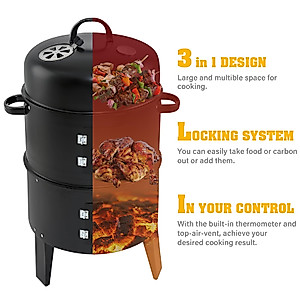 TENGCHANG 32" Charcoal Smoker BBQ Grill, 3IN1 Outdoor Vertical Smoke Portable Meat Cooker, Black