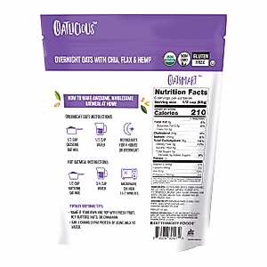 Organic Overnight Oats with Chia, Flax, & Hemp, Gluten-Free Oatmeal with 7g of Protein, 12oz Bag
