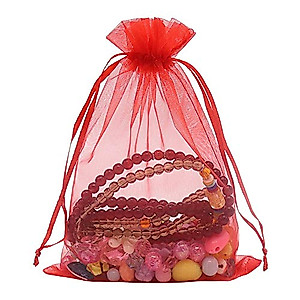 HRX Package Organza Bags Red 100pcs, 5 x 7 inches Christmas Gift Drawstring Bags Mesh Jewelry Pouches for Wedding Party Favors