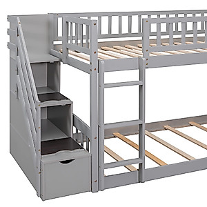 Harper & Bright Designs Low Bunk Bed with Slide and Stairs, Twin Over Twin Wooden Bunk Bed Frame with Storage, for Kids Girls Boys - Gray