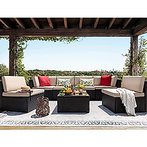 Devoko 7 Pieces Outdoor Sectional Sofa Patio Furniture Sets Manual Weaving Wicker Rattan Patio Conversation Sets with Cushion and Glass Table (Beige)