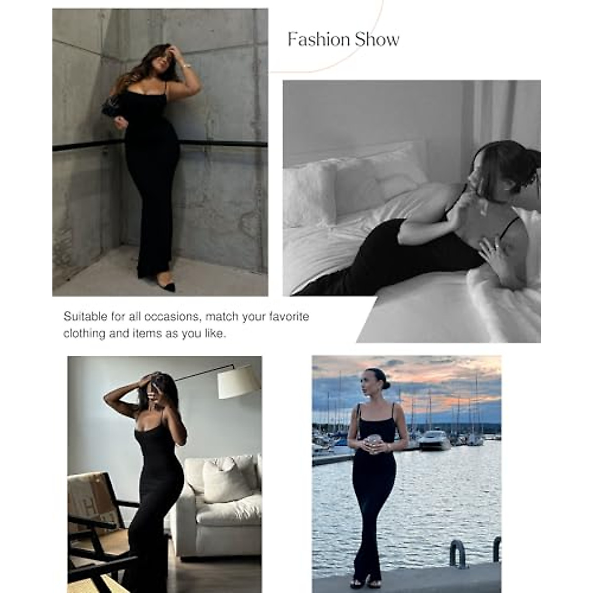 Popilush Summer Maxi Dress for Women - Cocktail Shapewear Dresses Built-in Bra Adjustable Straps Vacation Long Slip Black