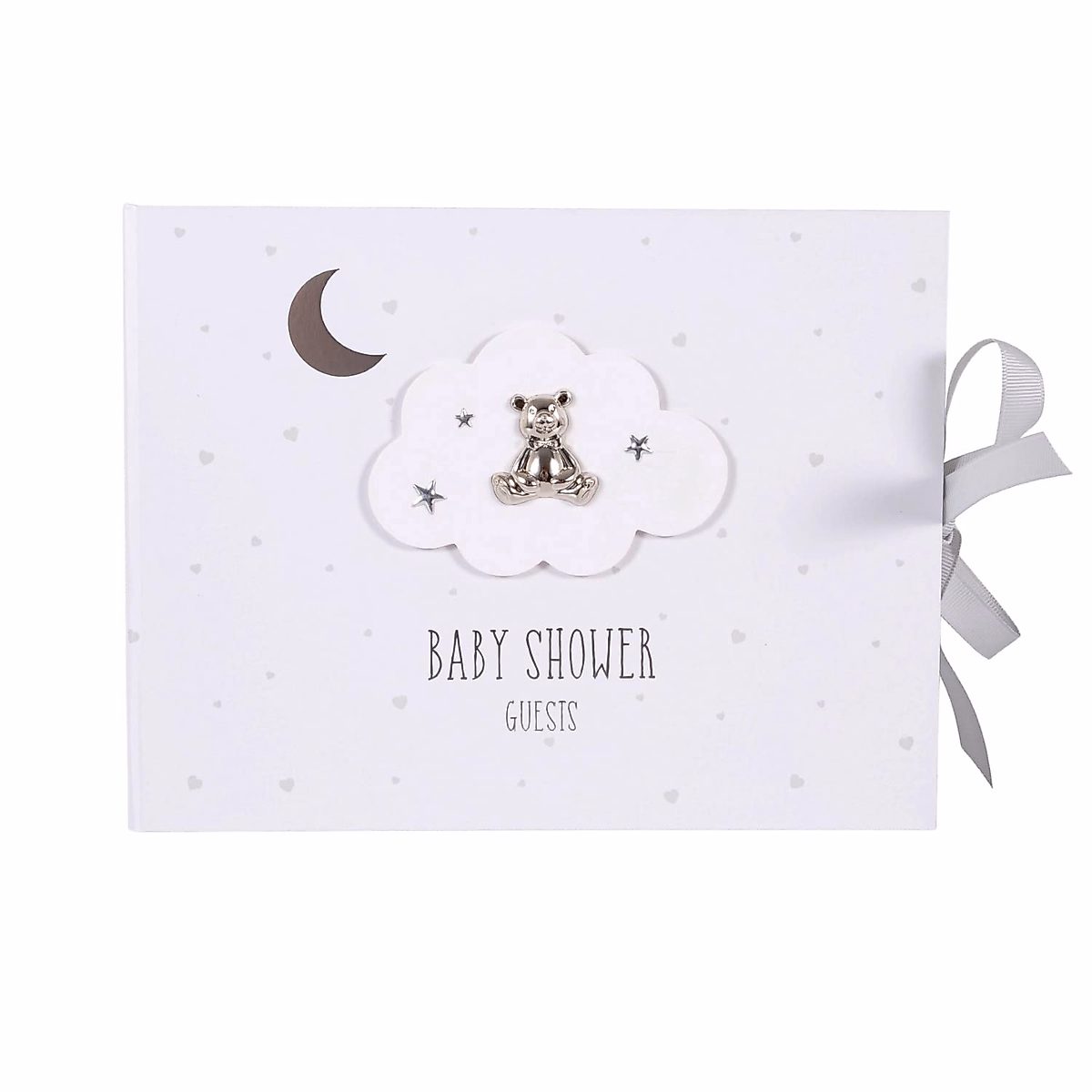 Happy Homewares Beautiful Ivory White Baby Shower Guest Book with Silver Plated Teddy Bear and Stars | 40 Lined Sheets | Luxurious Grey Fabric Ribbon