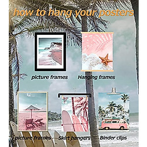 6 Set Large Beach Wall Art for living Room Bathroom Pink and Blue Seascape Themed Picture Poster Print Wall Decor Beach Chairs Starfish Surfboard Palm Tree for Teens Girl Home Decorations Unframed