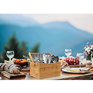 RoyalHouse Natural Bamboo Utensil Holder And Organizer For Kitchen Countertop, Bamboo Picnic Basket With Folding Handle for Camping Trip