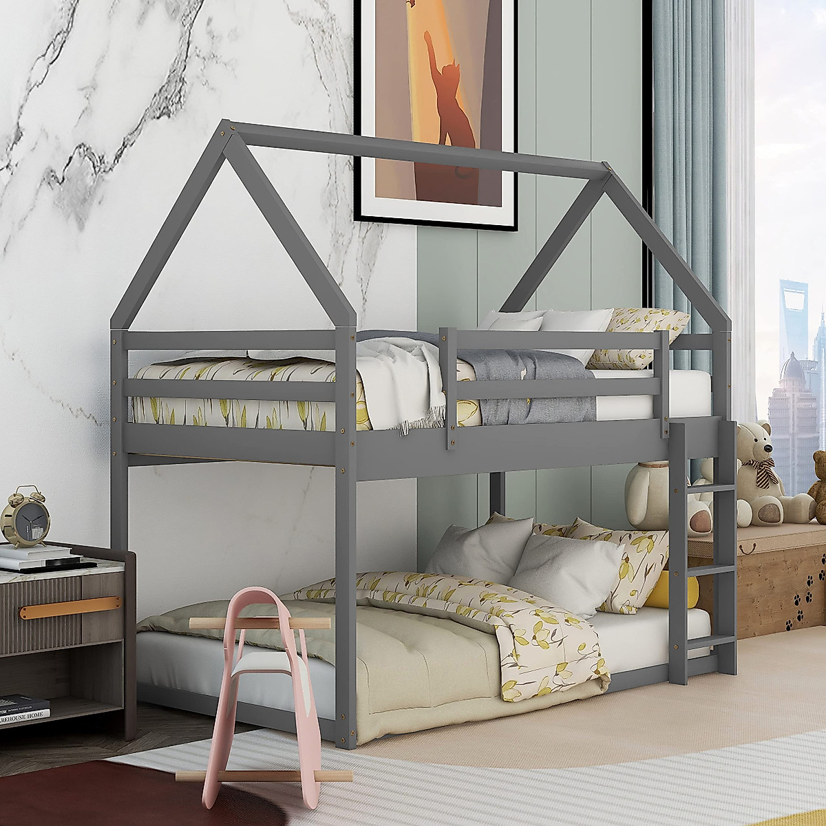 Wooden House Bunk Bed, Twin Over Twin House Bunk Bed with Ladder, Girls Boys House Bunk Bed Frame, Floor Twin Toddler Bunk Bed Twin Size for Kids, Teens, Grey
