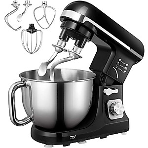 Stand Mixer Fohere, with Double Dough Hook, Wire Whip & Beater, 6+ P Speed Tilt-Head Food Mixer, Pouring Shield for Home Cooking, Dishwasher Safe Stainless Steel Bowl with Handle (Black)