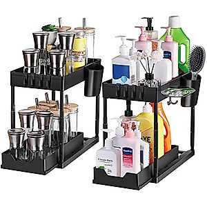 Eufrozy 2 Pack 2-Tier Under the Sink Organizer Bathroom, Sliding Under Cabinet Basket Organizer Adjustable Height Under Sink Storage for Kitchen Shelf Multi-Purpose Rack Drawer with 8 Hook 2 Cup