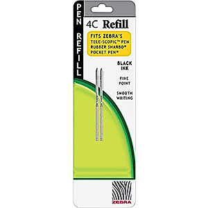 Zebra 4C Ink Pen Refill, 0.7mm Fine Point, Black Ink (2-Pack)