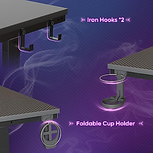 Bestier Small Gaming Desk with Monitor Stand, 42 inch LED Computer Desk, Gamer Workstation with Cup Holder & Headset Hooks, Modern Simple Style Desk for Home Office, Carbon Fiber Black