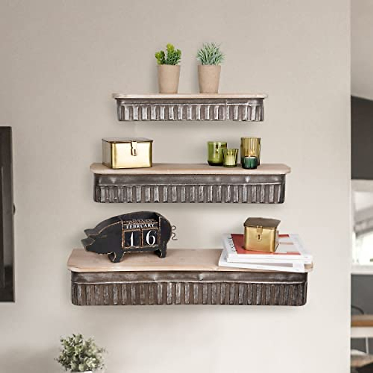 Creative Co-Op Metal & Wood Wall Shelves (Set of 3 Sizes)