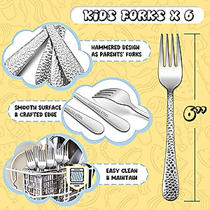 Stainless Steel Kids Forks, E-far 6-Piece Toddlers Forks Safe for Preschooler/Children, Hammered Adult look & Small Size, Rust Free & Dishwasher Safe