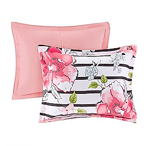 Comfort Spaces Zoe Comforter Set Printed Striped Floral Design with Faux Long Fur Decorative Pillow Bedding, Pink, Full/Queen, 4 Piece