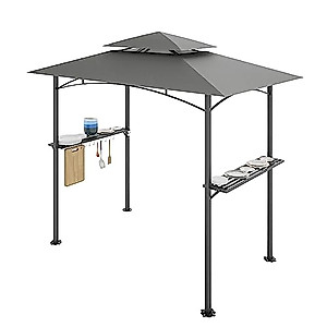 voqoomkl 8 x 5 Grill Gazebo Canopy, Double Tiered Outdoor Grill Gazebo with Shelves and Hooks, Sturdy Steel Frame BBQ Gazebo Canopy, UV Resistant & Waterproof, Gray