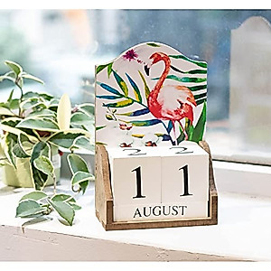 Juvale Wooden Perpetual Desk Calendar Wood Blocks, Flamingo Design (5.5 x 8.75 x 3 inches)