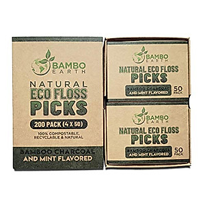 Natural Dental Floss Picks - Eco Friendly Cruelty Free & Vegan Tooth Flossers Pick Set with Biodegradable and Compostable BPA Free Handle & Zero Waste Packaging - 200 Pack (Bamboo Charcoal Flavored)