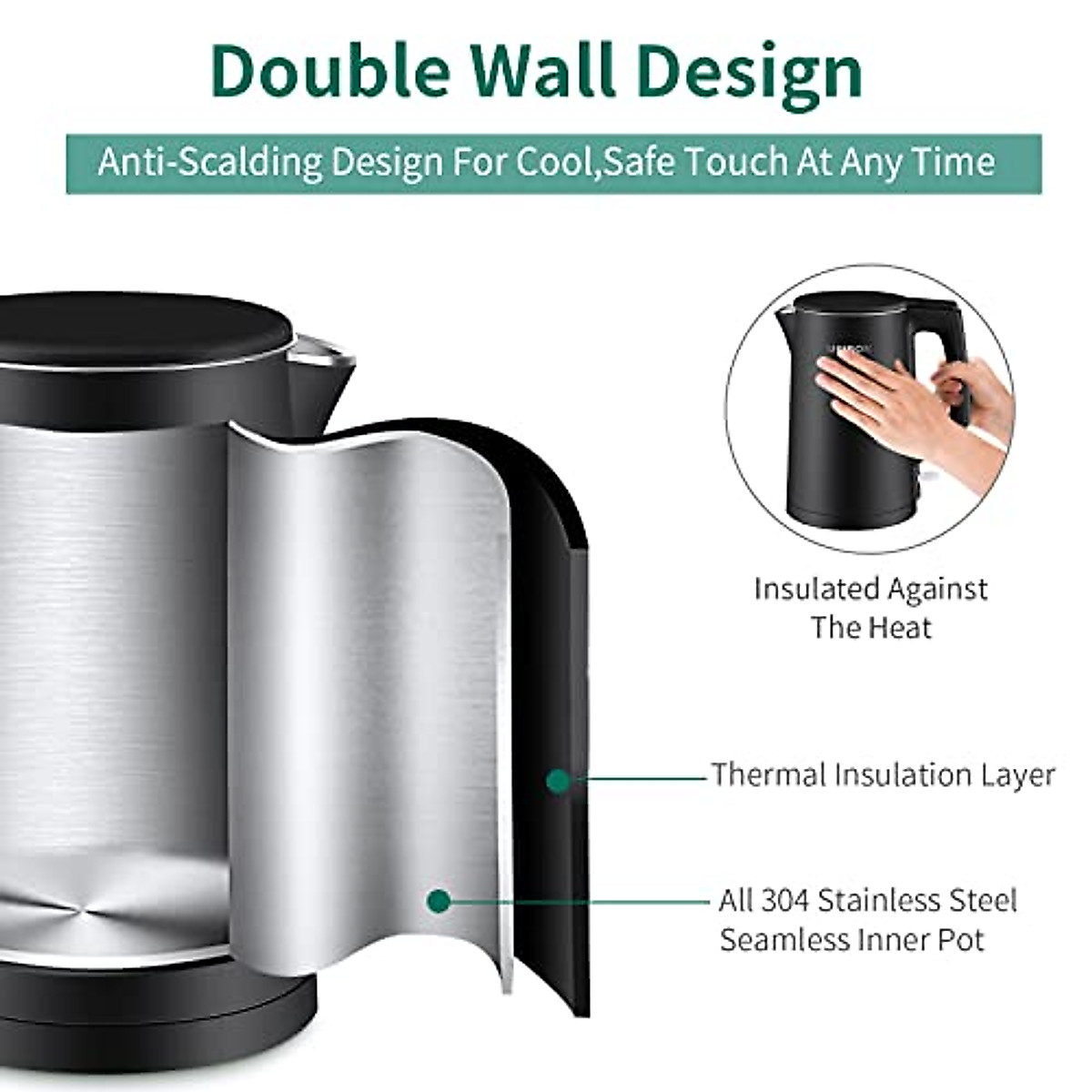 MEISON Electric Kettle, 1.7 L Double Wall Food Grade Stainless Steel Interior Water Boiler, Coffee Pot & Tea Kettle, Auto Shut-Off and Boil-Dry Protection, 1200W, 2 Year Warranty(Black)