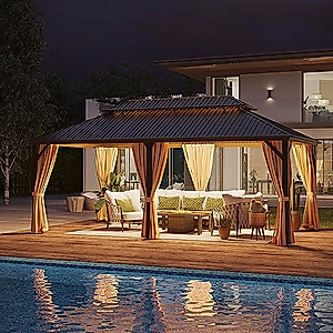 GAZEBEST 12x20 ft Hardtop Gazebo Outdoor Aluminum Patio Gazebo Double Roof Galvanized Steel Gazebo Canopy with Netting and Curtains,for Garden Patio,Patio Backyard,Deck and Lawns