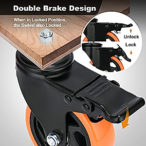 4 Inch Caster Wheels 2200Lbs, Threaded Stem Casters Set of 4 Heavy Duty, 1/2"-13 x 1" (Screw Diameter 1/2", Stem Length 1"), Safety Dual Locking Industrial Castors, Wheels for Cart, Furniture